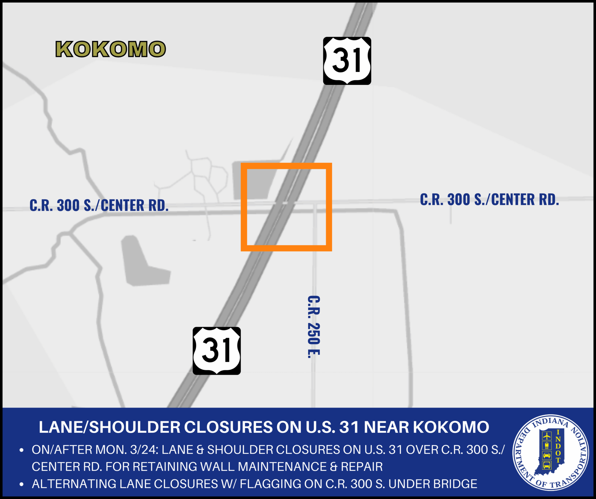 Kokomo: Lane and shoulder closures planned on U.S. 31 over C.R. 300 S.
